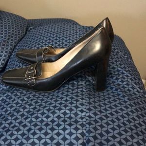 Anne Klein | Shoes | Anne Klein Square Toed Buckle Heels In Black | Poshmark